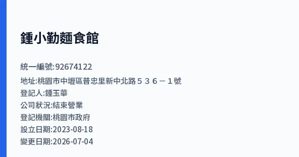 鍾小勤麵食館的照片-統編 92674122(桃園市) 公司登記資料與營業項目詳細圖表