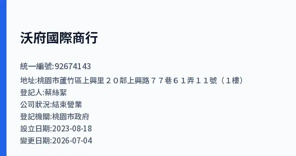 沃府國際商行的照片-統編 92674143(桃園市) 公司登記資料與營業項目詳細圖表