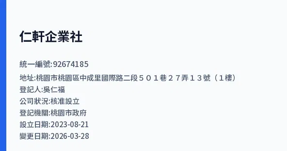 仁軒企業社的照片-統編 92674185(桃園市) 公司登記資料與營業項目詳細圖表