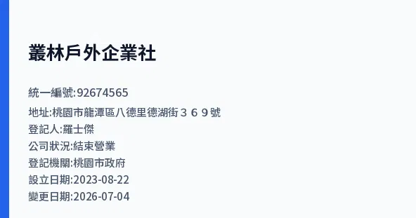 叢林戶外企業社的照片-統編 92674565(桃園市) 公司登記資料與營業項目詳細圖表