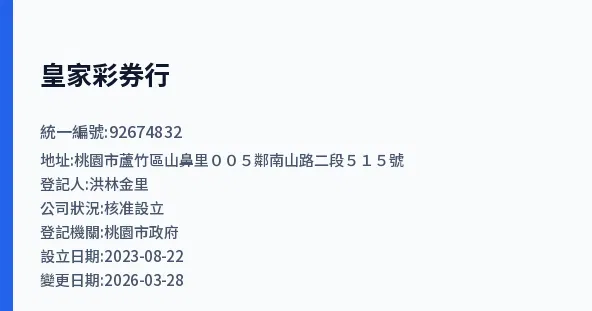 皇家彩券行的照片-統編 92674832(桃園市) 公司登記資料與營業項目詳細圖表