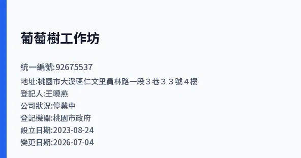 葡萄樹工作坊的照片-統編 92675537(桃園市) 公司登記資料與營業項目詳細圖表