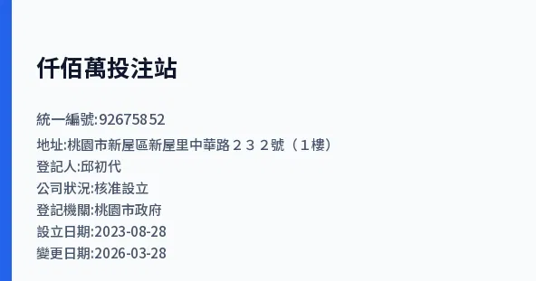 仟佰萬投注站的照片-統編 92675852(桃園市) 公司登記資料與營業項目詳細圖表