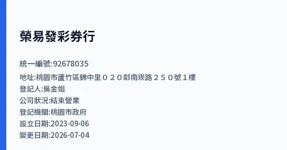 榮易發彩券行的照片-統編 92678035(桃園市) 公司登記資料與營業項目詳細圖表