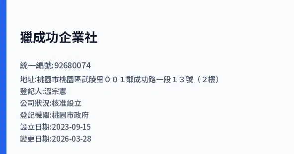 獵成功企業社的照片-統編 92680074(桃園市) 公司登記資料與營業項目詳細圖表