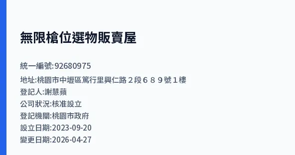 無限槍位選物販賣屋的照片-統編 92680975(桃園市) 公司登記資料與營業項目詳細圖表