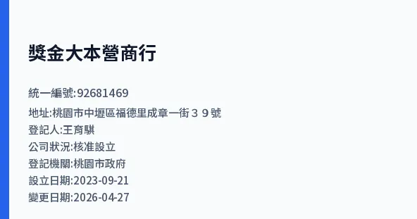 獎金大本營商行的照片-統編 92681469(桃園市) 公司登記資料與營業項目詳細圖表