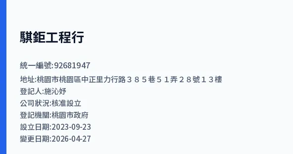 騏鉅工程行的照片-統編 92681947(桃園市) 公司登記資料與營業項目詳細圖表
