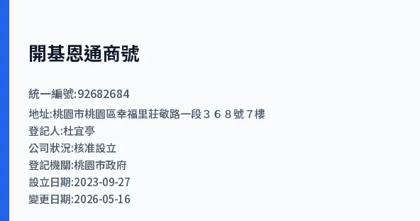 開基恩通商號的照片-統編 92682684(桃園市) 公司登記資料與營業項目詳細圖表