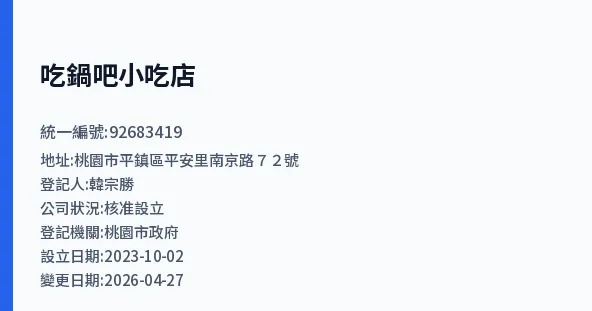 吃鍋吧小吃店的照片-統編 92683419(桃園市) 公司登記資料與營業項目詳細圖表