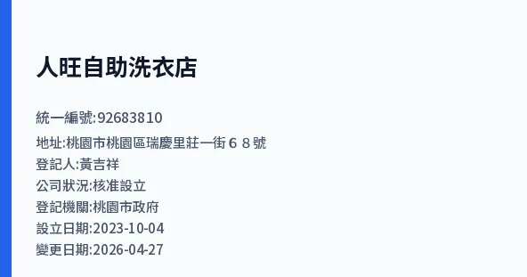 人旺自助洗衣店的照片-統編 92683810(桃園市) 公司登記資料與營業項目詳細圖表
