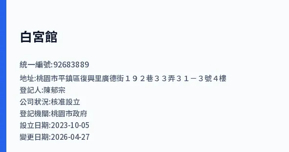 白宮館的照片-統編 92683889(桃園市) 公司登記資料與營業項目詳細圖表