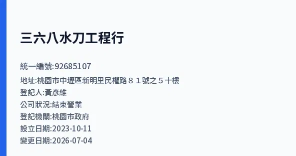 三六八水刀工程行的照片-統編 92685107(桃園市) 公司登記資料與營業項目詳細圖表