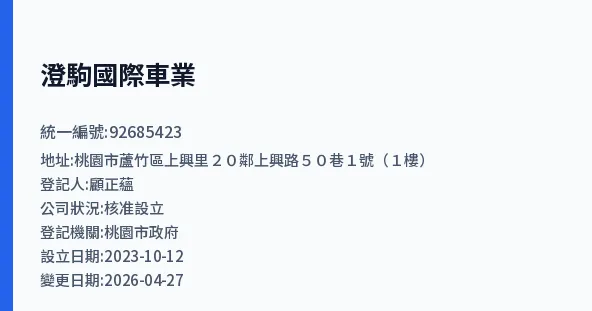 澄駒國際車業的照片-統編 92685423(桃園市) 公司登記資料與營業項目詳細圖表