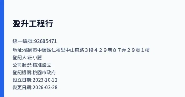 盈升工程行的照片-統編 92685471(桃園市) 公司登記資料與營業項目詳細圖表