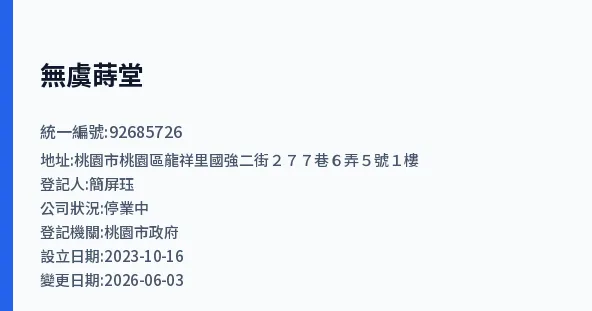 無虞蒔堂的照片-統編 92685726(桃園市) 公司登記資料與營業項目詳細圖表