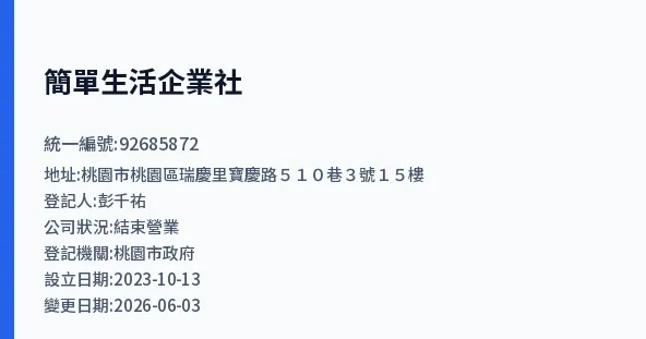 簡單生活企業社的照片-統編 92685872(桃園市) 公司登記資料與營業項目詳細圖表