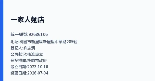 一家人麵店的照片-統編 92686106(桃園市) 公司登記資料與營業項目詳細圖表