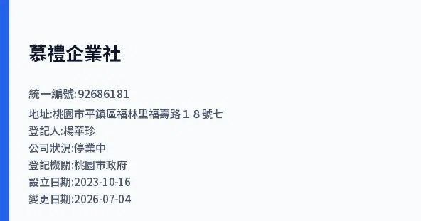慕禮企業社的照片-統編 92686181(桃園市) 公司登記資料與營業項目詳細圖表