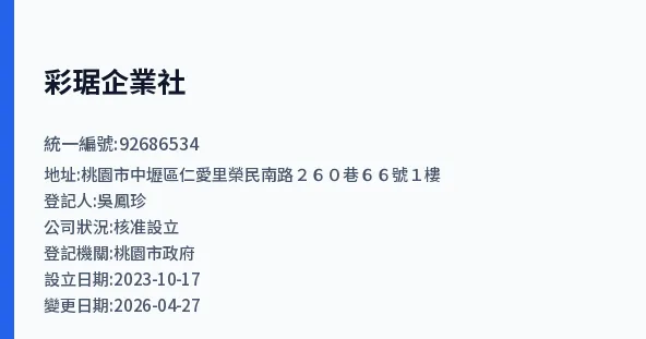 彩琚企業社的照片-統編 92686534(桃園市) 公司登記資料與營業項目詳細圖表