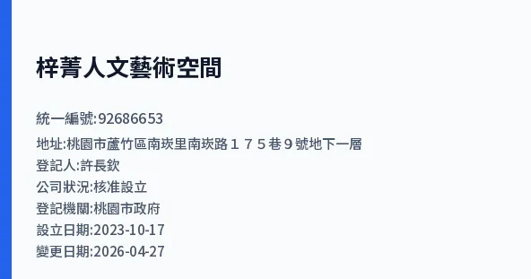 梓菁人文藝術空間的照片-統編 92686653(桃園市) 公司登記資料與營業項目詳細圖表