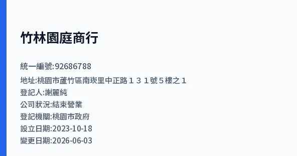 竹林園庭商行的照片-統編 92686788(桃園市) 公司登記資料與營業項目詳細圖表