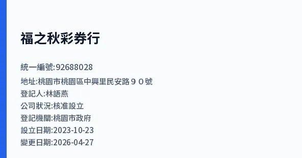 福之秋彩券行的照片-統編 92688028(桃園市) 公司登記資料與營業項目詳細圖表