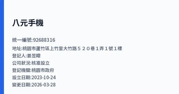 八元手機的照片-統編 92688316(桃園市) 公司登記資料與營業項目詳細圖表