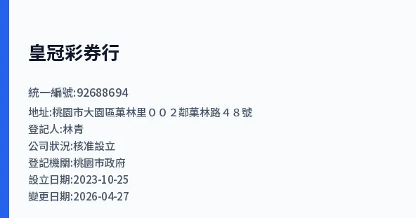 皇冠彩券行的照片-統編 92688694(桃園市) 公司登記資料與營業項目詳細圖表