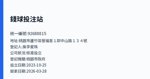 錢球投注站的照片-統編 92688815(桃園市) 公司登記資料與營業項目詳細圖表