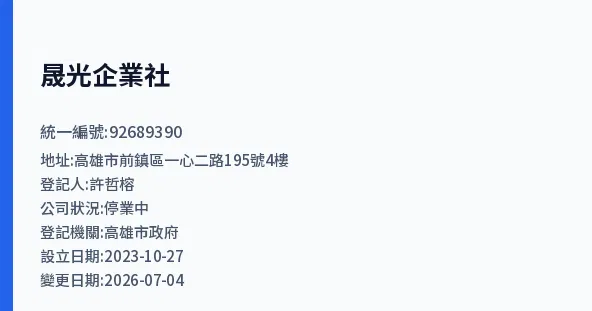 晟光企業社的照片-統編 92689390(高雄市) 公司登記資料與營業項目詳細圖表