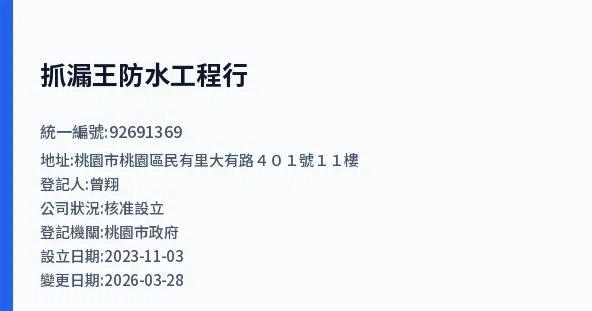 抓漏王防水工程行的照片-統編 92691369(桃園市) 公司登記資料與營業項目詳細圖表