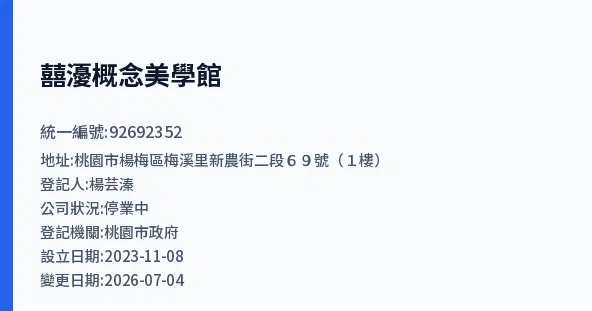 囍瀀概念美學館的照片-統編 92692352(桃園市) 公司登記資料與營業項目詳細圖表