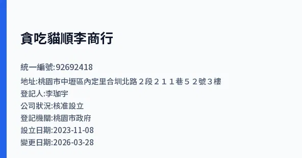 貪吃貓順李商行的照片-統編 92692418(桃園市) 公司登記資料與營業項目詳細圖表
