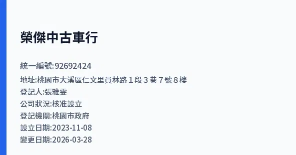 榮傑中古車行的照片-統編 92692424(桃園市) 公司登記資料與營業項目詳細圖表