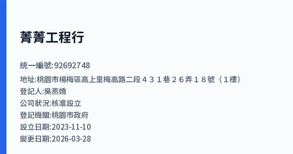 菁菁工程行的照片-統編 92692748(桃園市) 公司登記資料與營業項目詳細圖表