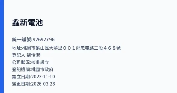 鑫新電池的照片-統編 92692796(桃園市) 公司登記資料與營業項目詳細圖表