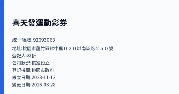 喜天發運動彩券的照片-統編 92693063(桃園市) 公司登記資料與營業項目詳細圖表