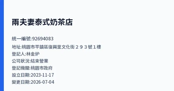 兩夫妻泰式奶茶店的照片-統編 92694083(桃園市) 公司登記資料與營業項目詳細圖表