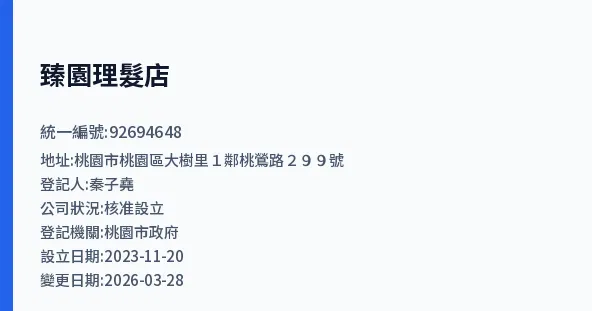 臻園理髮店的照片-統編 92694648(桃園市) 公司登記資料與營業項目詳細圖表