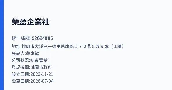 榮盈企業社的照片-統編 92694886(桃園市) 公司登記資料與營業項目詳細圖表