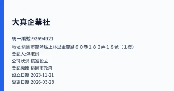大真企業社的照片-統編 92694921(桃園市) 公司登記資料與營業項目詳細圖表