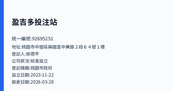 盈吉多投注站的照片-統編 92695251(桃園市) 公司登記資料與營業項目詳細圖表