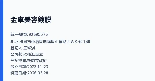 金車美容鍍膜的照片-統編 92695576(桃園市) 公司登記資料與營業項目詳細圖表