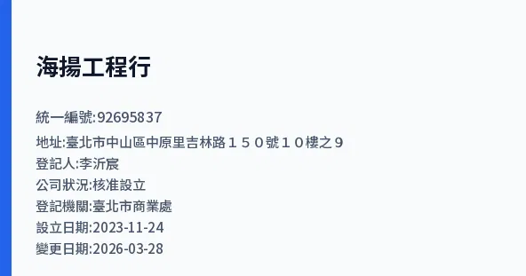 海揚工程行的照片-統編 92695837(臺北市) 公司登記資料與營業項目詳細圖表