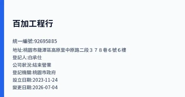 百加工程行的照片-統編 92695885(桃園市) 公司登記資料與營業項目詳細圖表