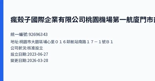 瘋殼子國際企業有限公司桃園機場第一航廈門市部的照片-統編 92696343(桃園市) 公司登記資料與營業項目詳細圖表