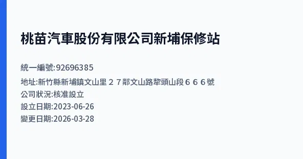桃苗汽車股份有限公司新埔保修站的照片-統編 92696385(新竹縣) 公司登記資料與營業項目詳細圖表