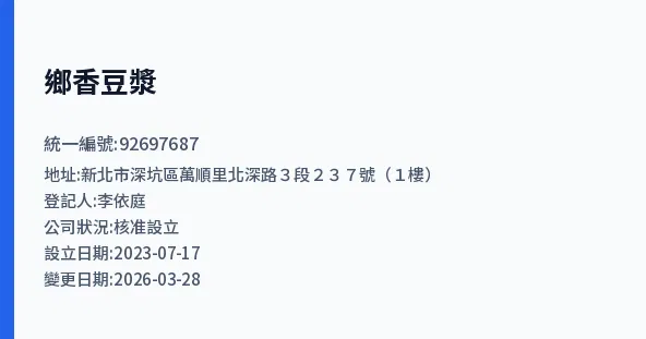 鄉香豆漿的照片-統編 92697687(新北市) 公司登記資料與營業項目詳細圖表