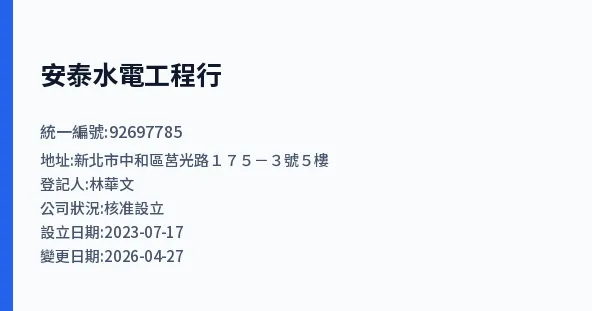 安泰水電工程行的照片-統編 92697785(新北市) 公司登記資料與營業項目詳細圖表